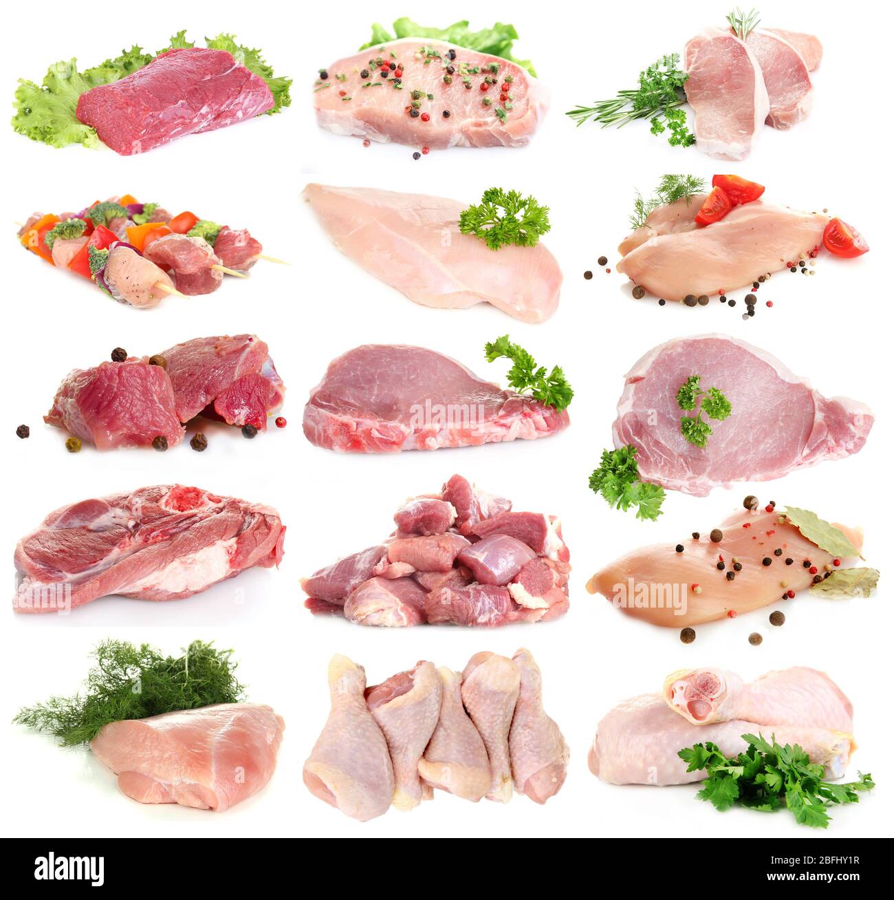 Collage of raw meat isolated on white Stock Photo - Alamy