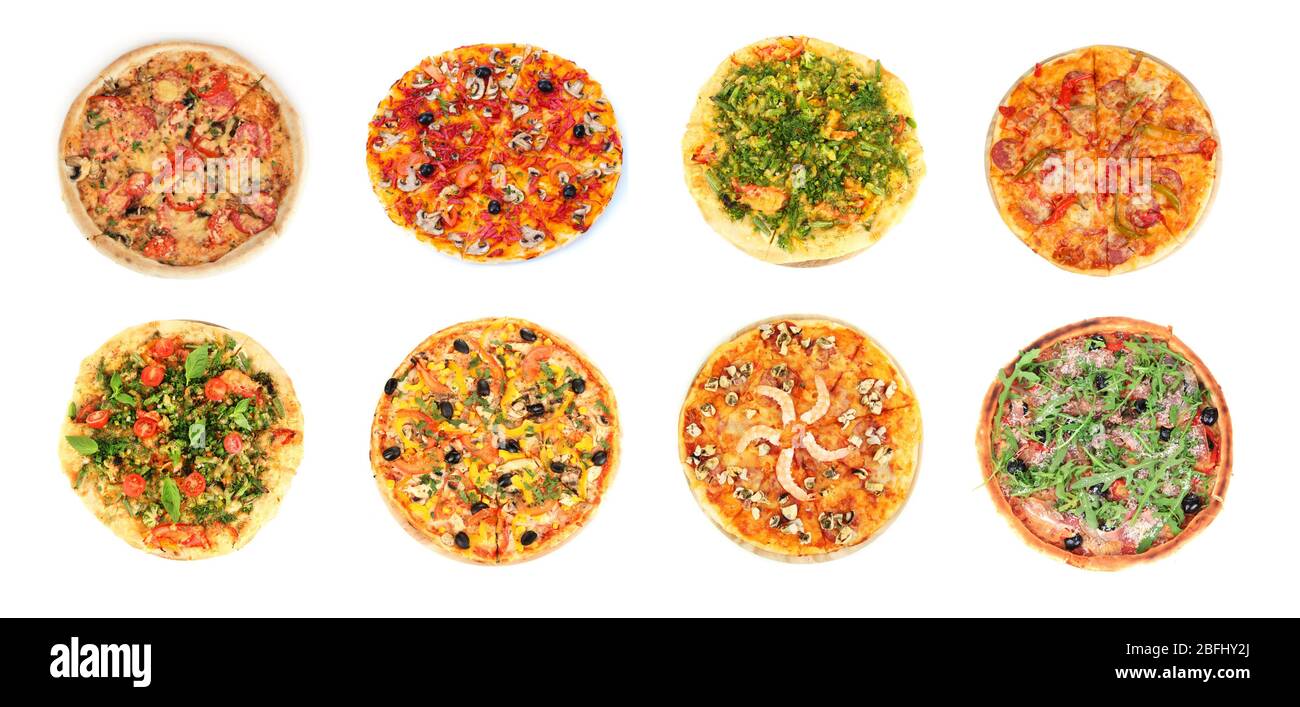 Collage of different pizza isolated on white Stock Photo - Alamy