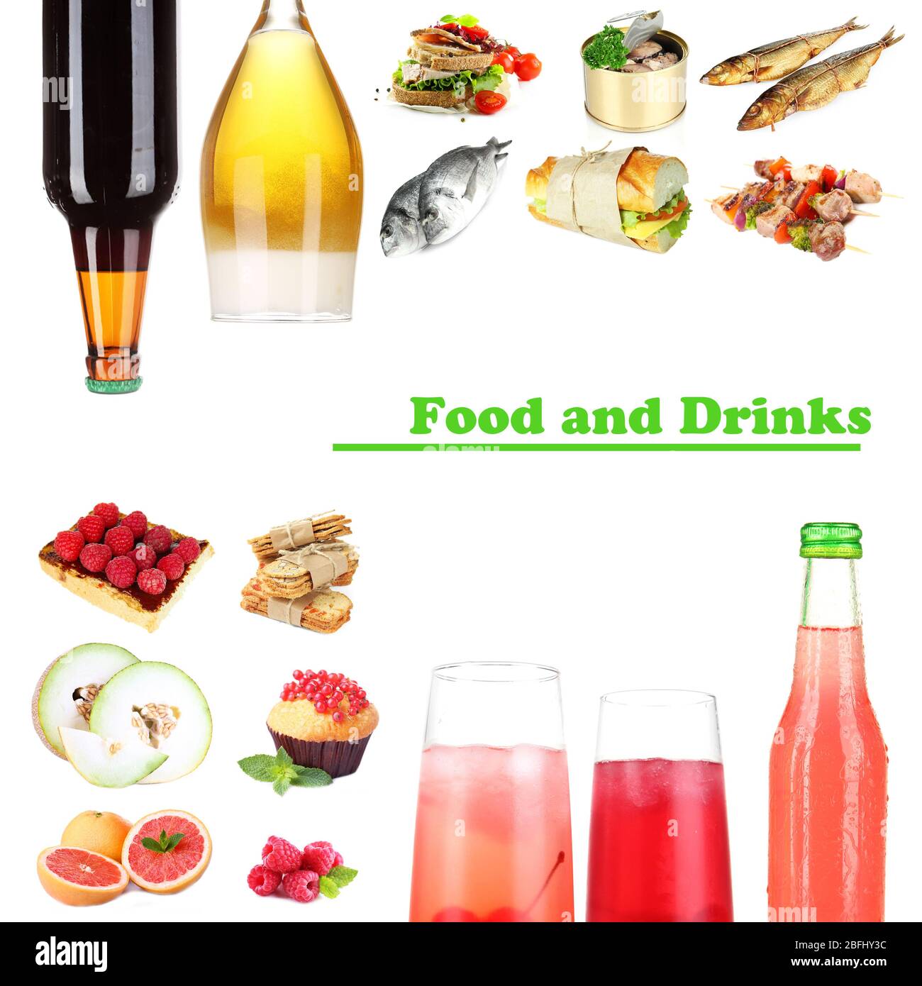 Food and drinks collage isolated on white Stock Photo - Alamy