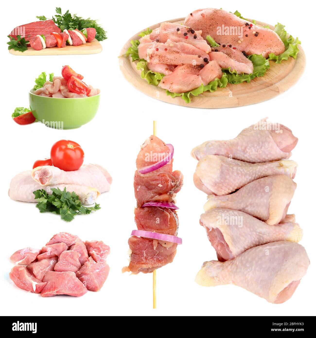 Collage of raw meat isolated on white Stock Photo - Alamy