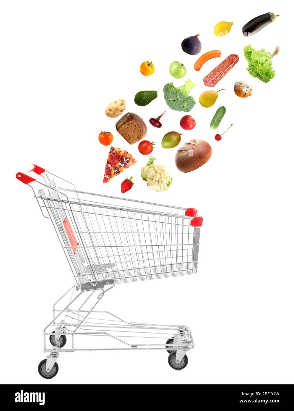 Products falling in shopping cart, isolated on white Stock Photo - Alamy