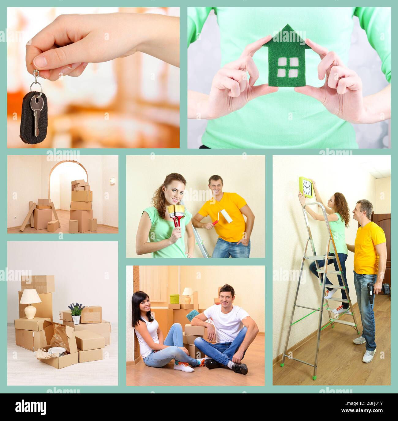 Real estate collage: moving to new house Stock Photo - Alamy
