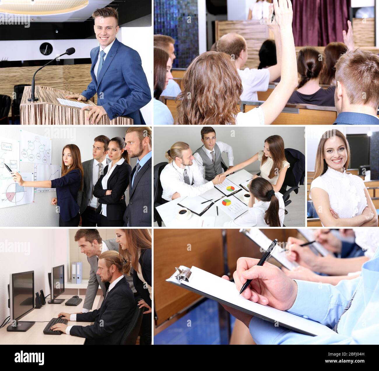 Collage of busy people discussing work and studying Stock Photo - Alamy