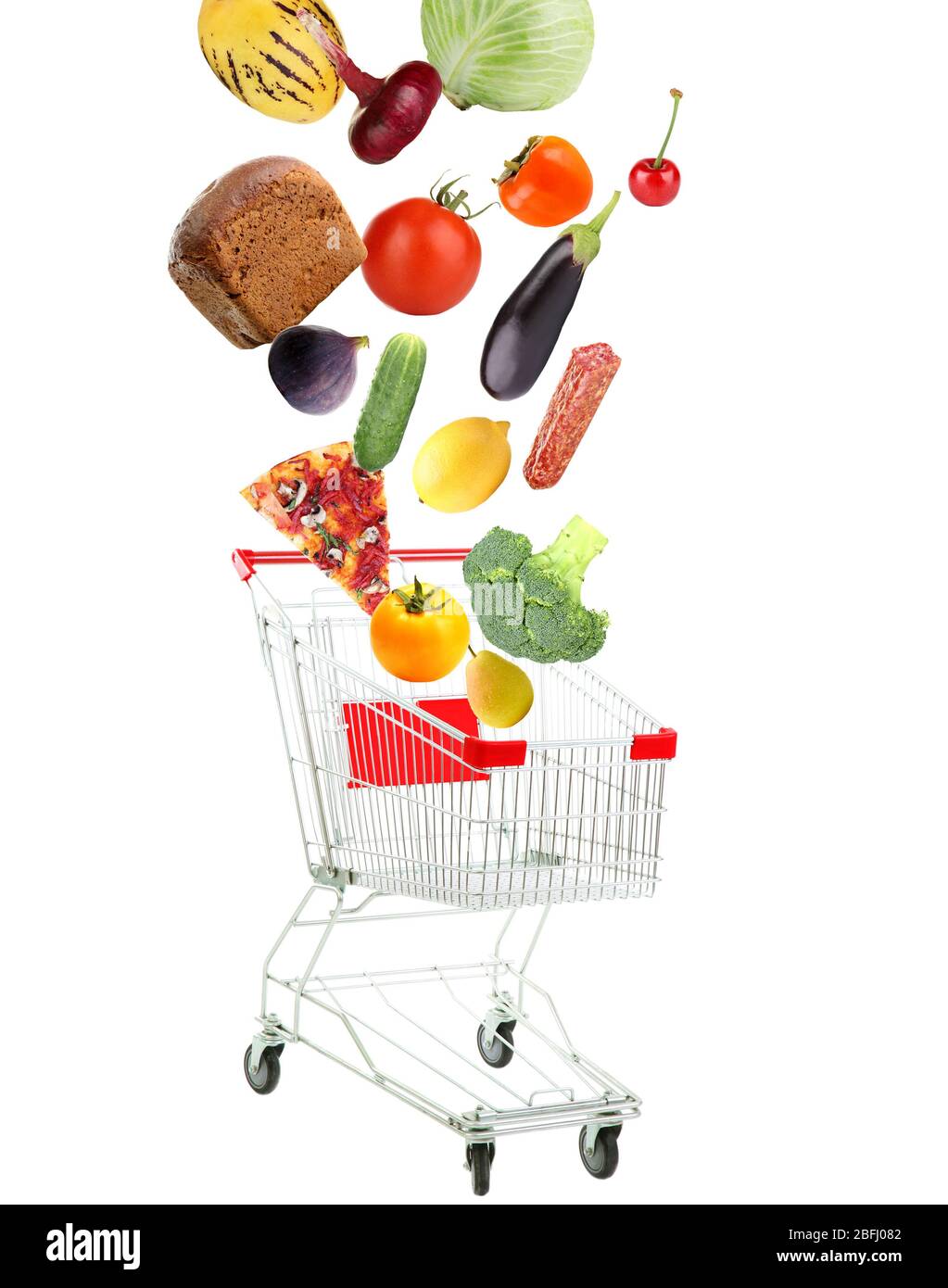 Products falling in shopping cart, isolated on white Stock Photo - Alamy