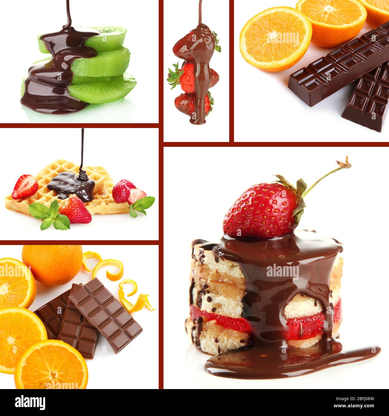 Tasty dessert collage - fruits with chocolate isolated on white Stock ...
