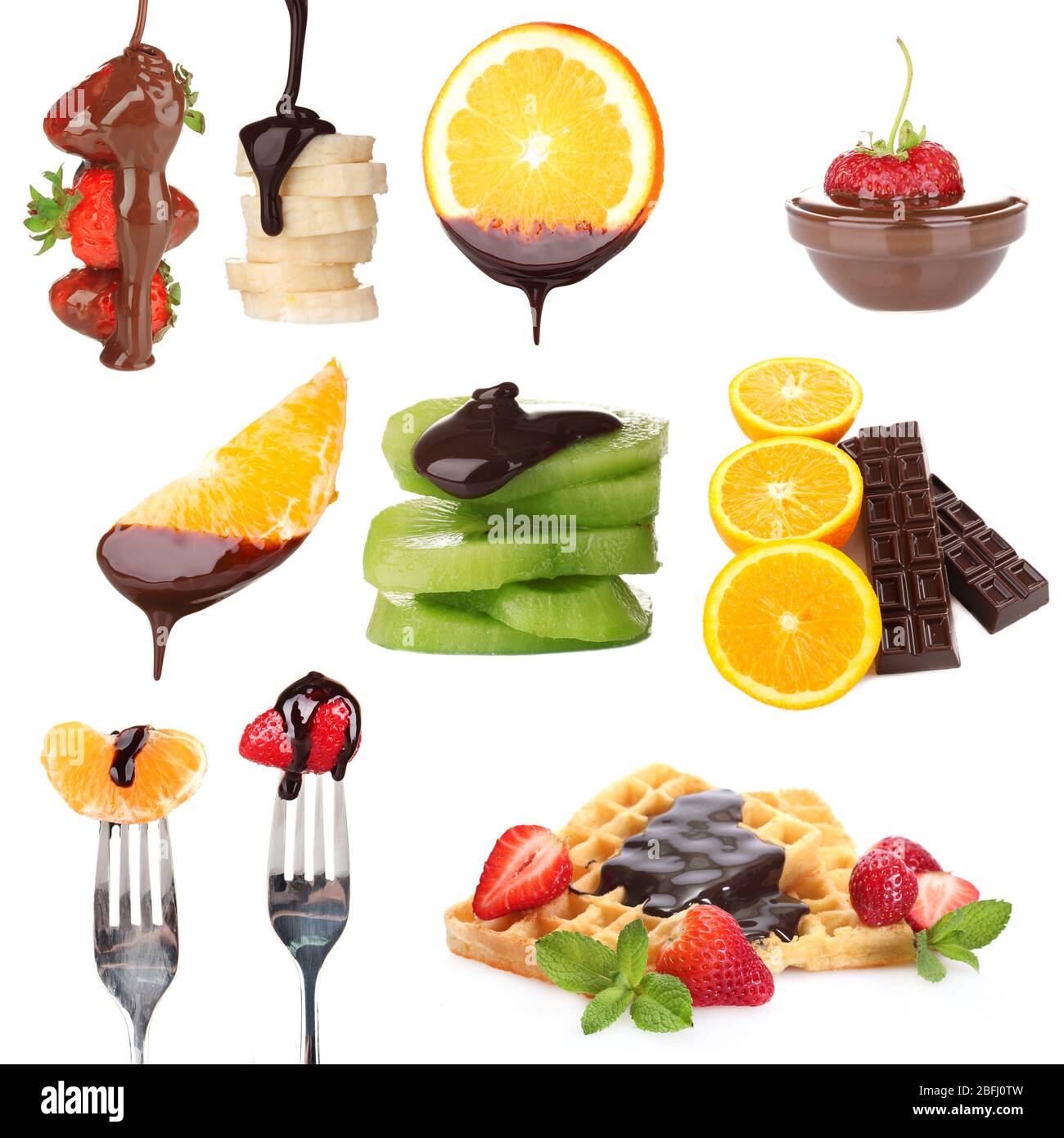 Tasty dessert collage - fruits with chocolate isolated on white Stock ...