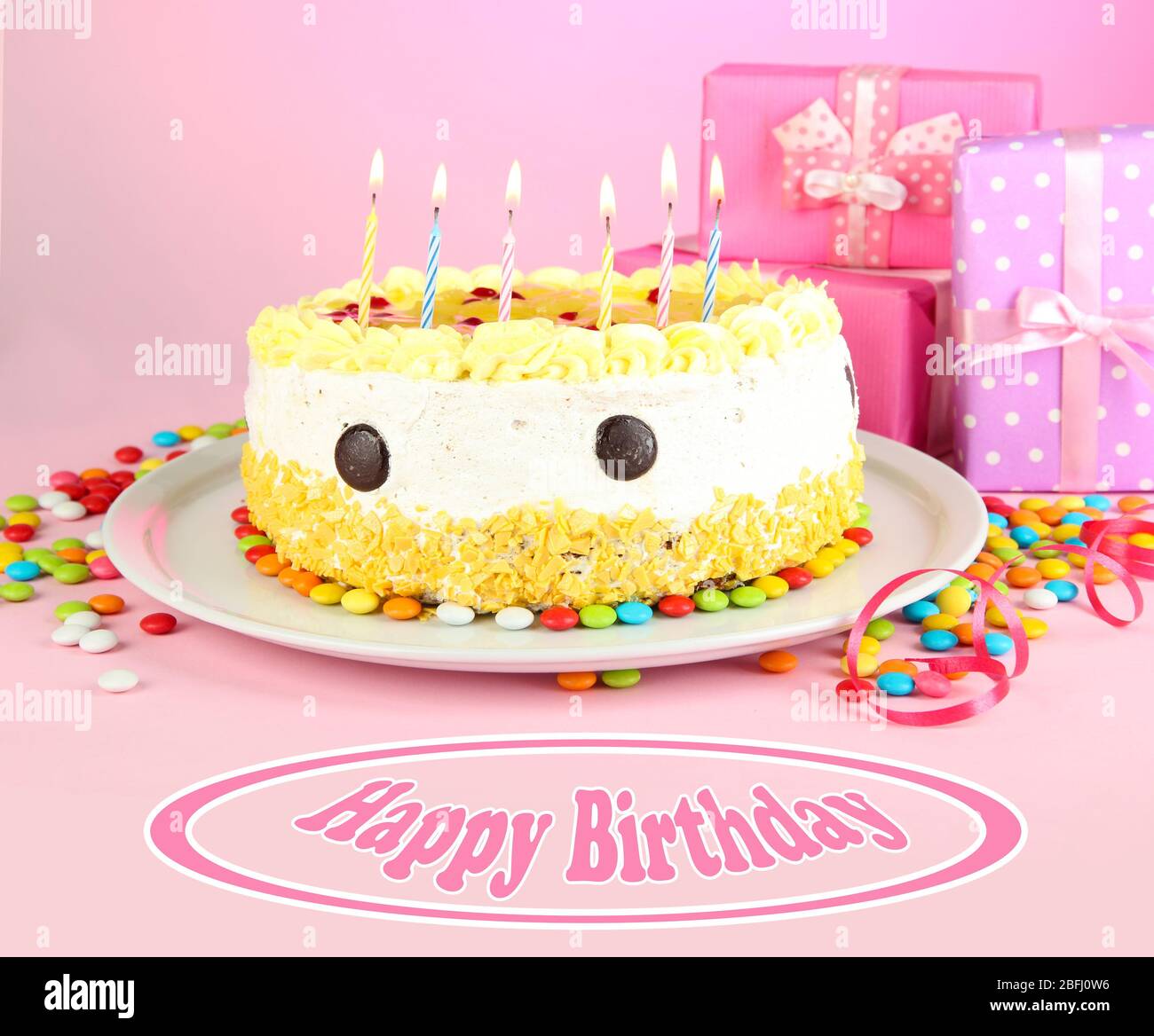 Birthday postcard.Happy birthday cake and gifts Stock Photo - Alamy