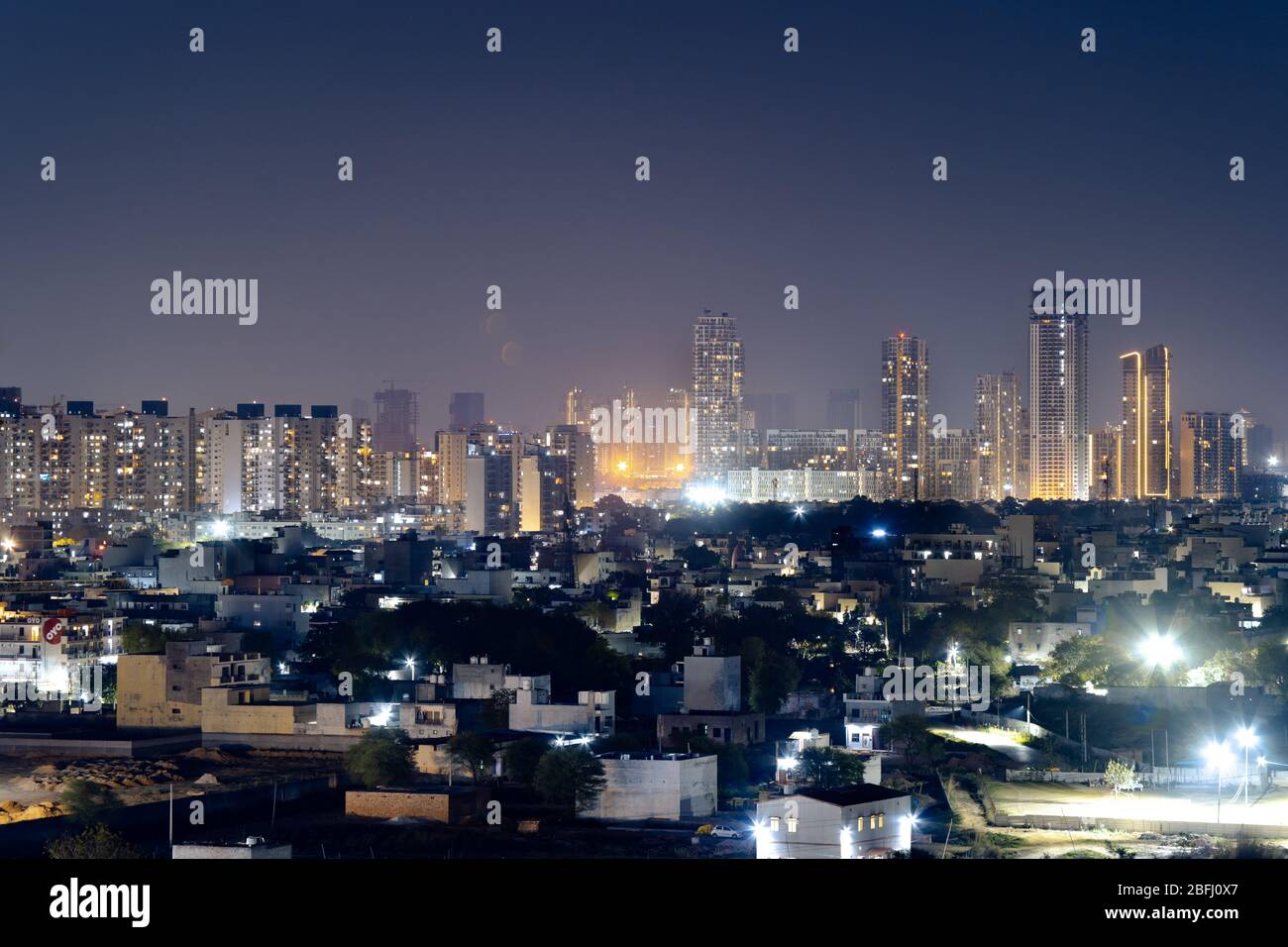 Aerial panorama shot of buildings skyscrapers with offices and ...