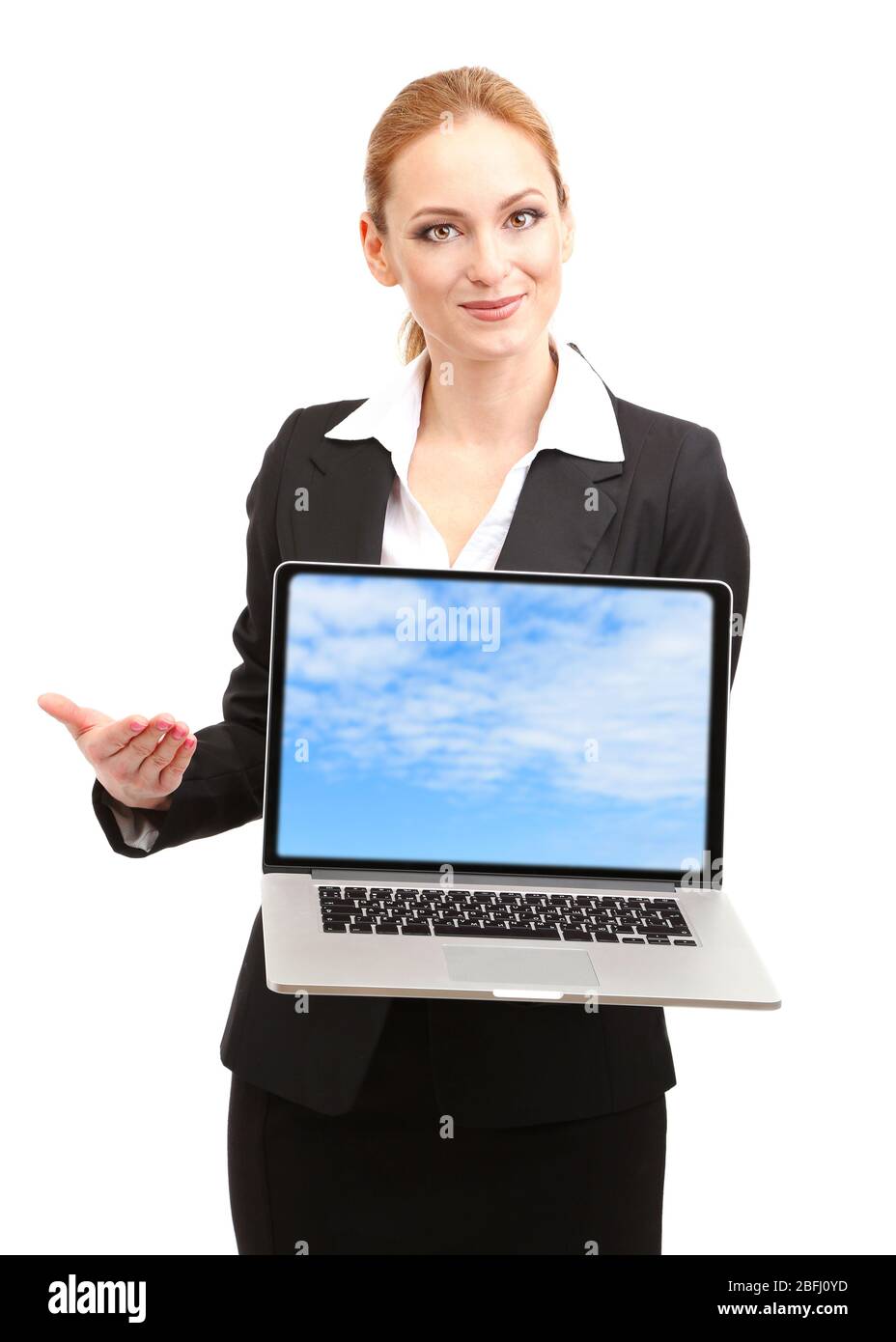 Woman holding laptop with screensaver, isolated on white Stock Photo ...