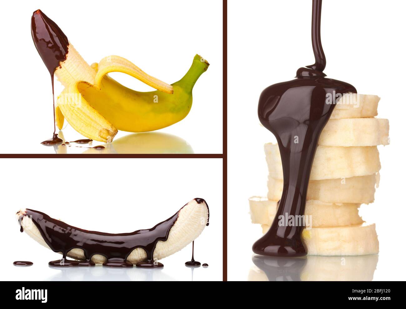 Tasty dessert collage - banana with chocolate isolated on white Stock ...