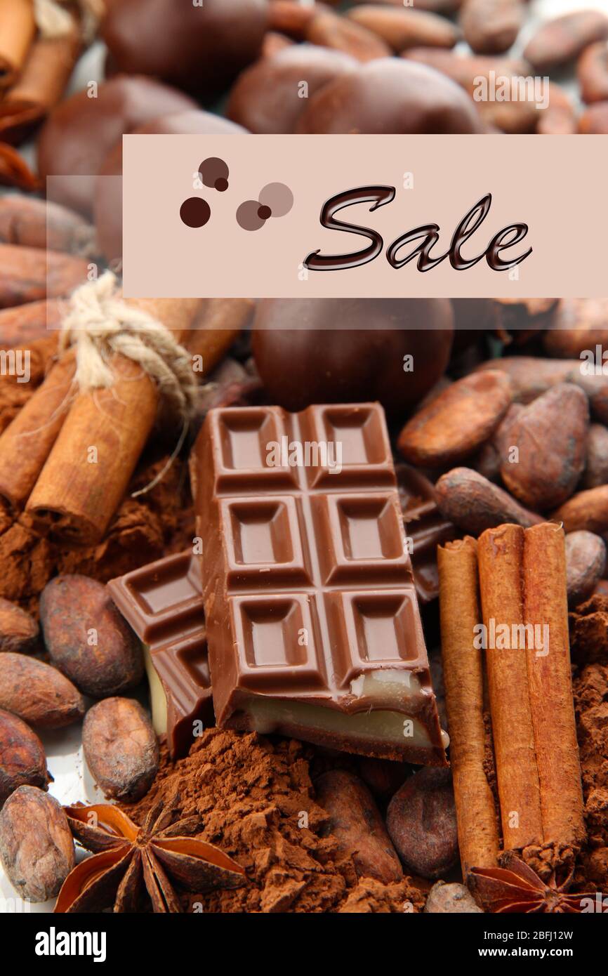 Concept of discount. Composition of chocolate sweets, cocoa Stock Photo ...