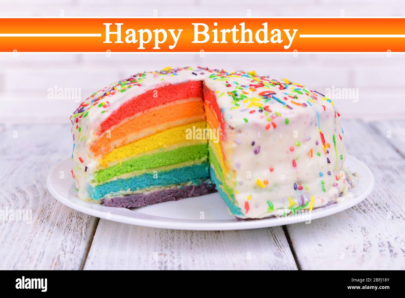 Birthday postcard.Delicious rainbow cake Stock Photo - Alamy