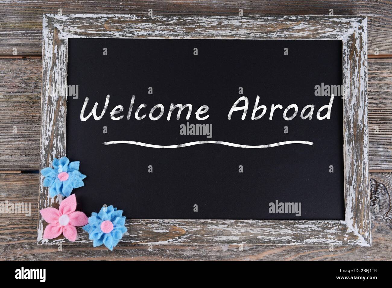 Welcome abroad written on chalkboard, close-up Stock Photo - Alamy