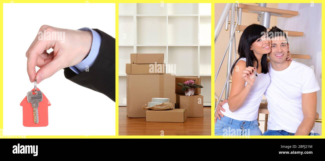 Real estate collage: moving to new house Stock Photo - Alamy