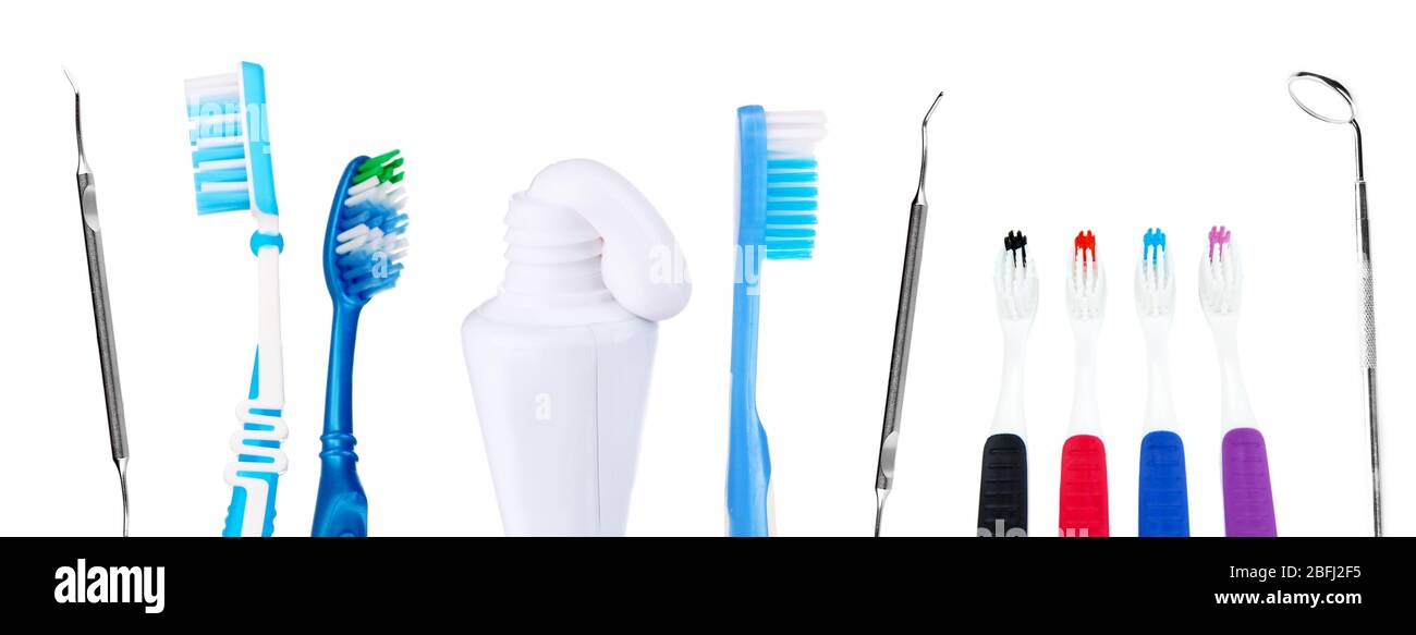Tooth care collage isolated on white Stock Photo - Alamy