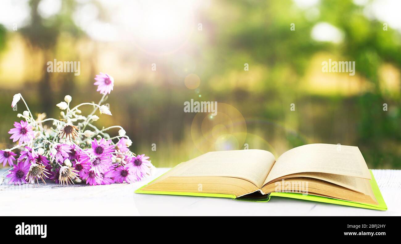 Open book on table outdoors Stock Photo - Alamy
