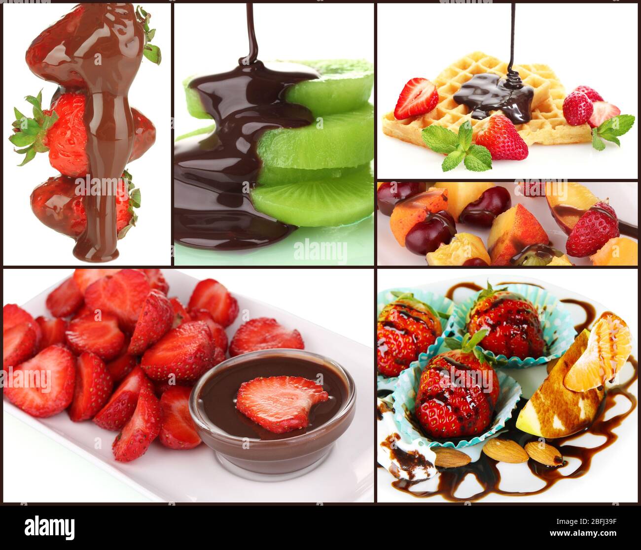 Tasty dessert collage - fruits with chocolate, close-up Stock Photo - Alamy