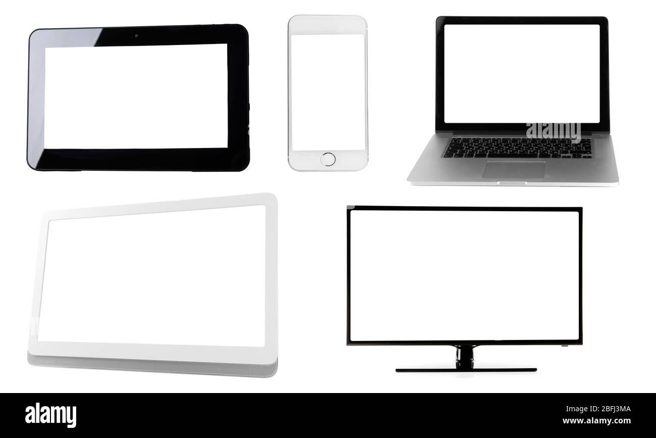 Monitors, laptop, tablet and phone in collage isolated on white Stock ...