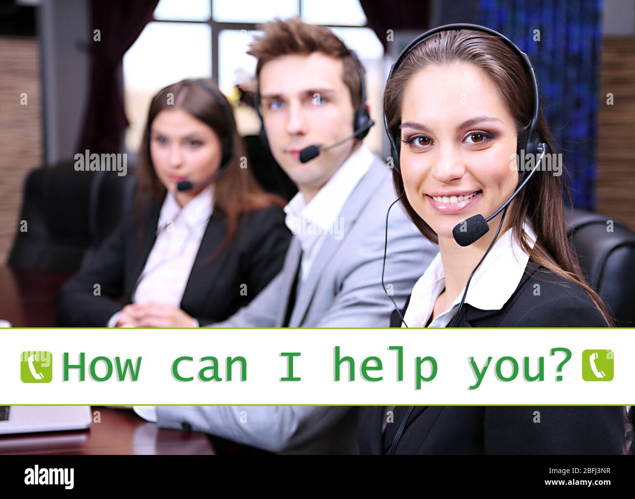 Call center operators and How can I help you? text Stock Photo - Alamy