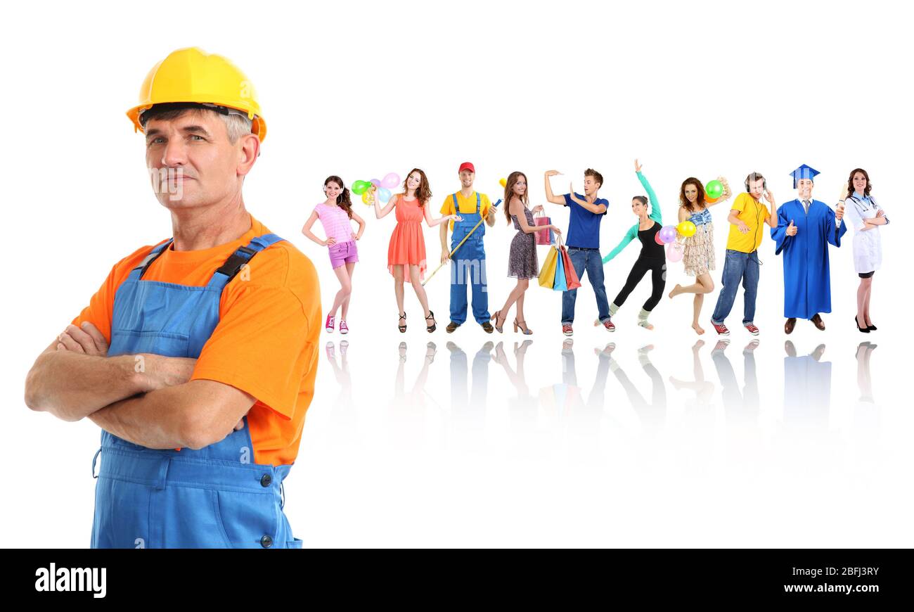 People of different professions in collage isolated on white Stock ...