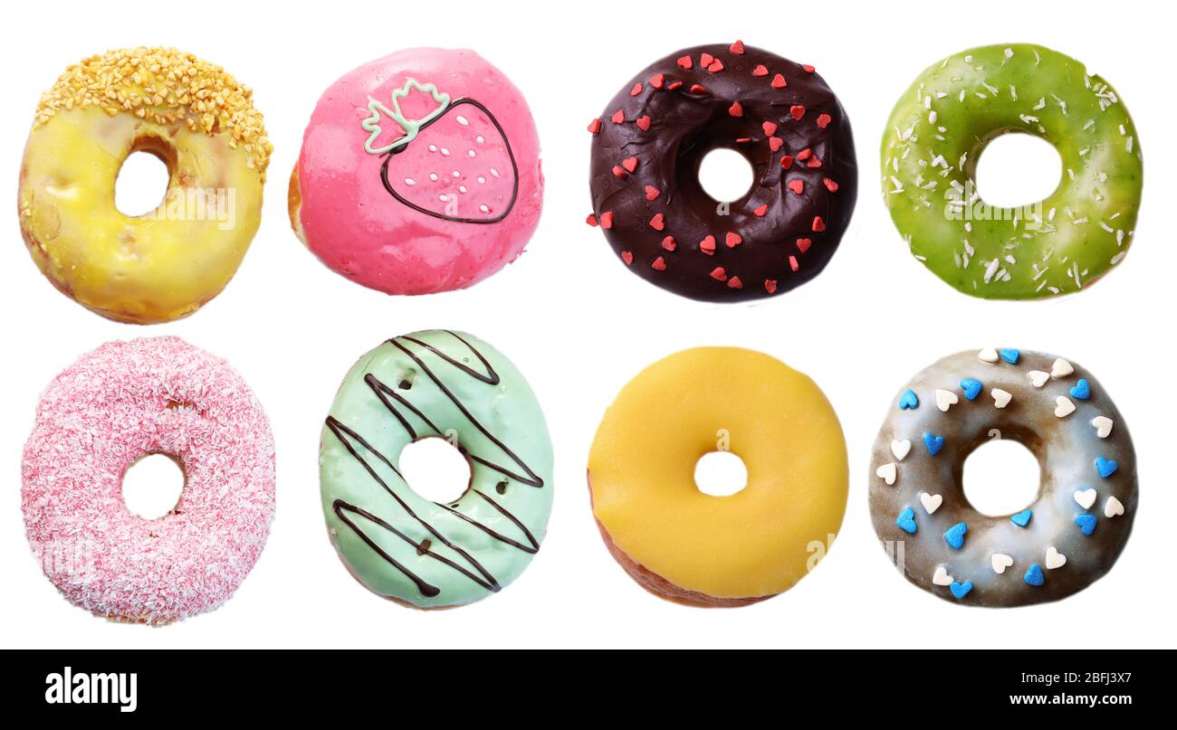 Delicious donuts collage, isolated on white Stock Photo - Alamy