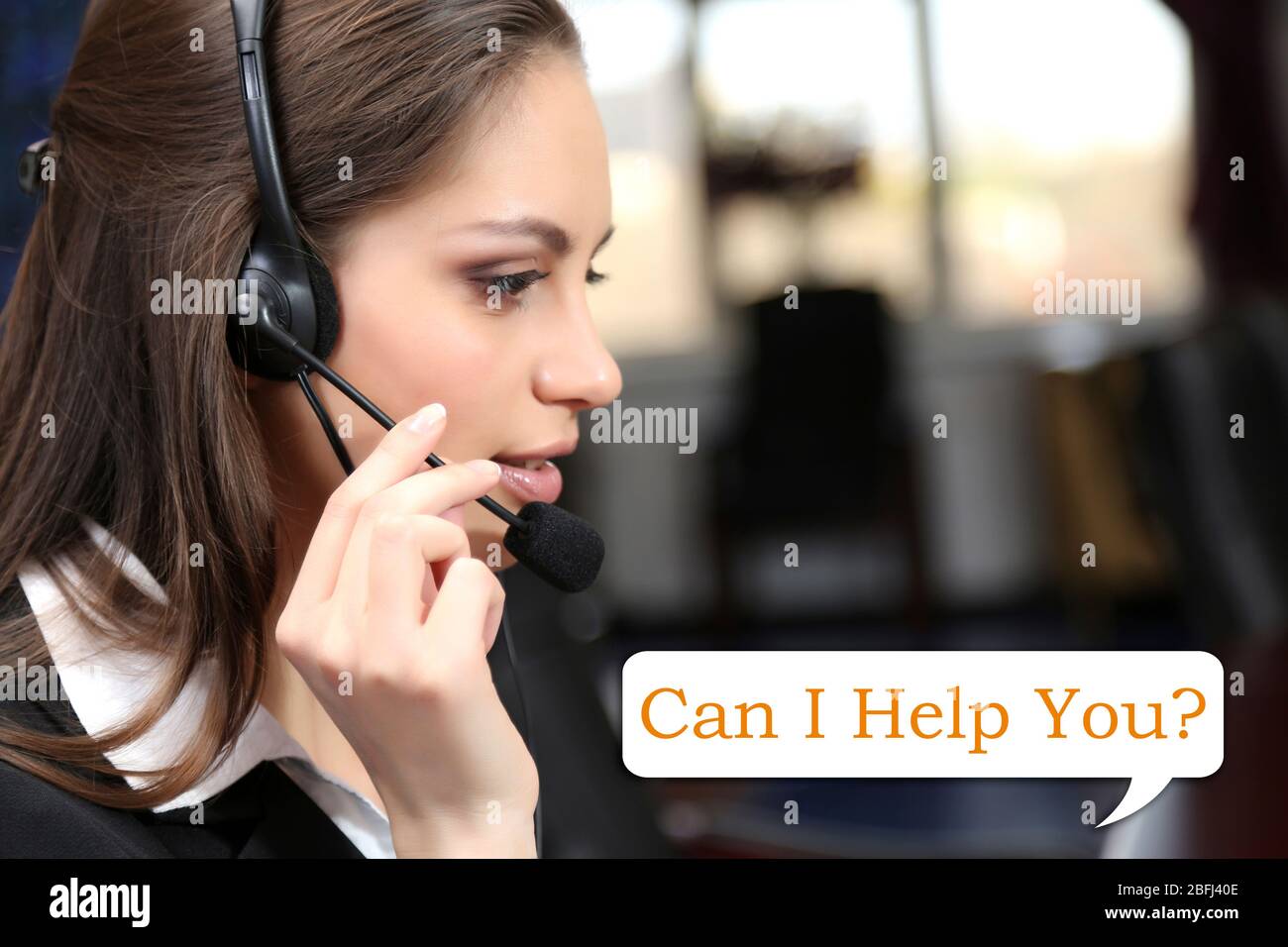 Call center operator and Can I help you? text Stock Photo - Alamy