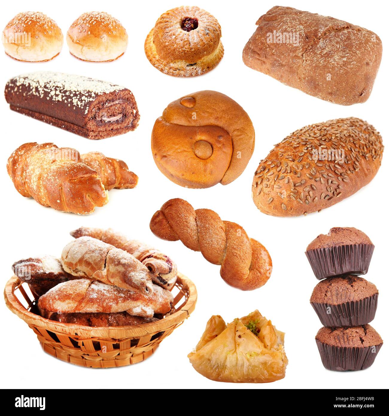 Collage of different pastries and bakery items, isolated on white Stock ...