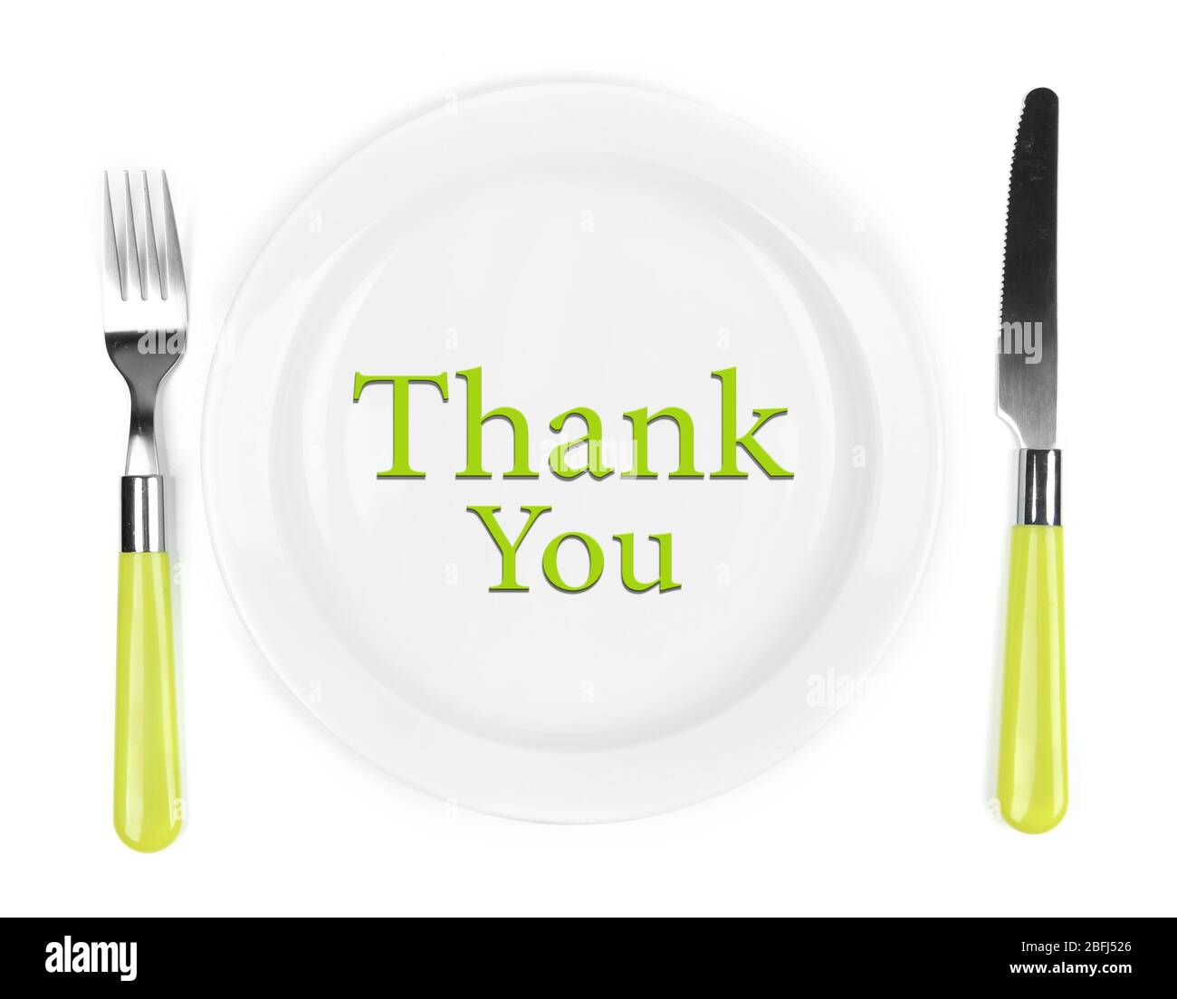Plate with text "Thank You", fork and knife isolated on white Stock ...