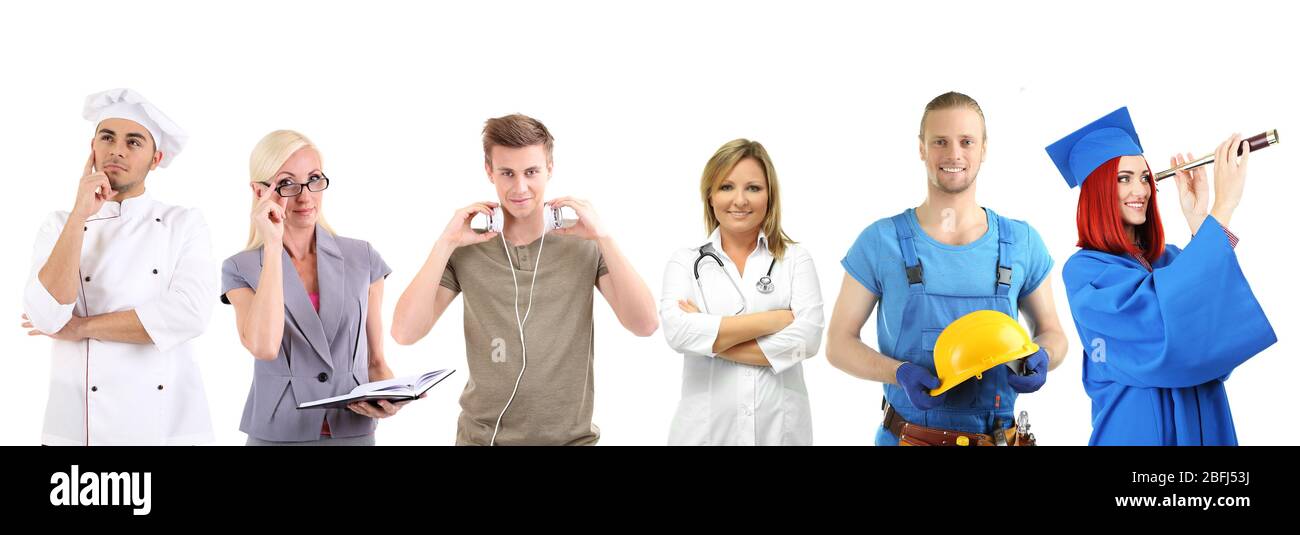 People of different professions in collage isolated on white Stock ...