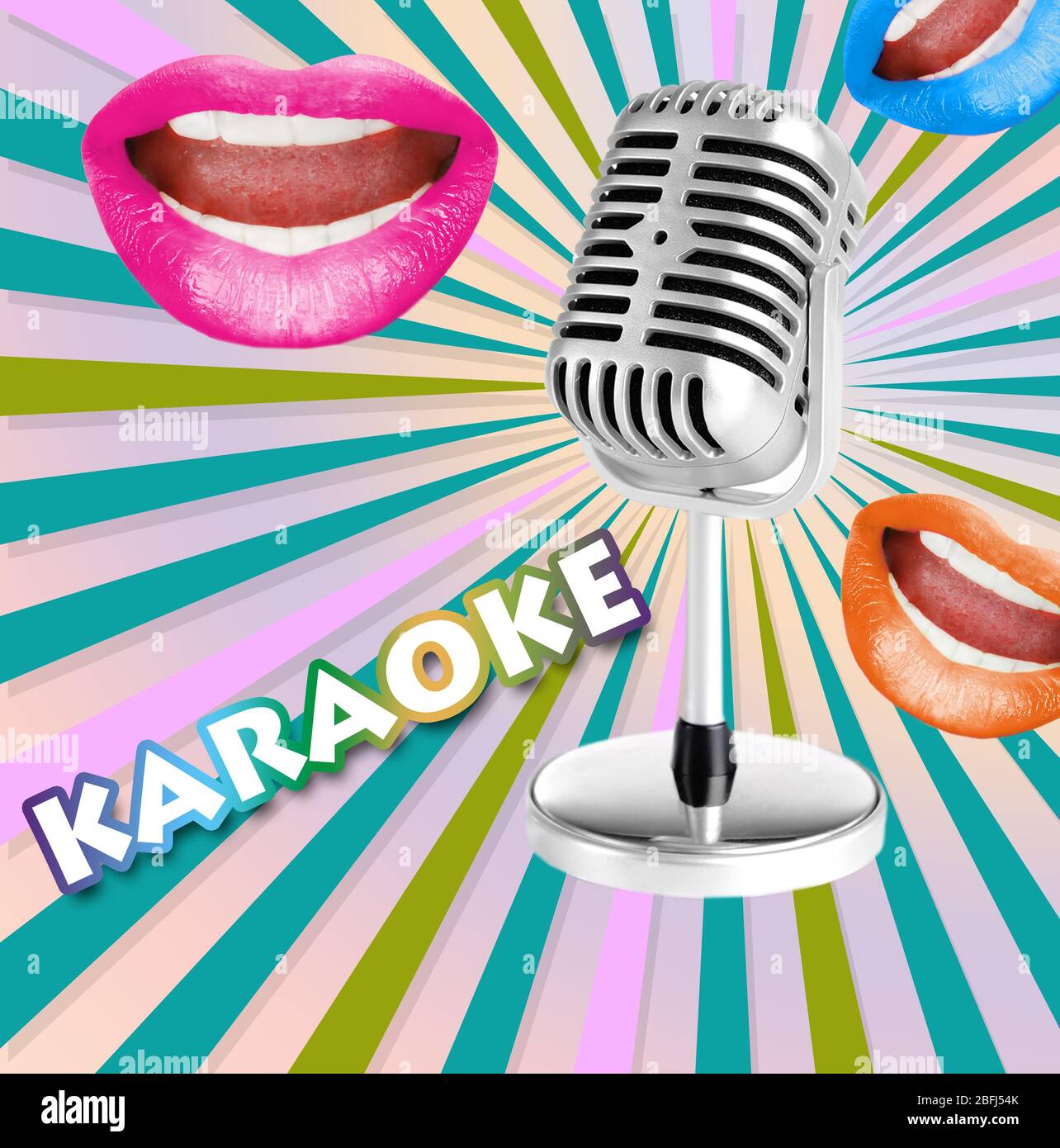 Retro microphone and open mouths with bright lipstick on color retro ...