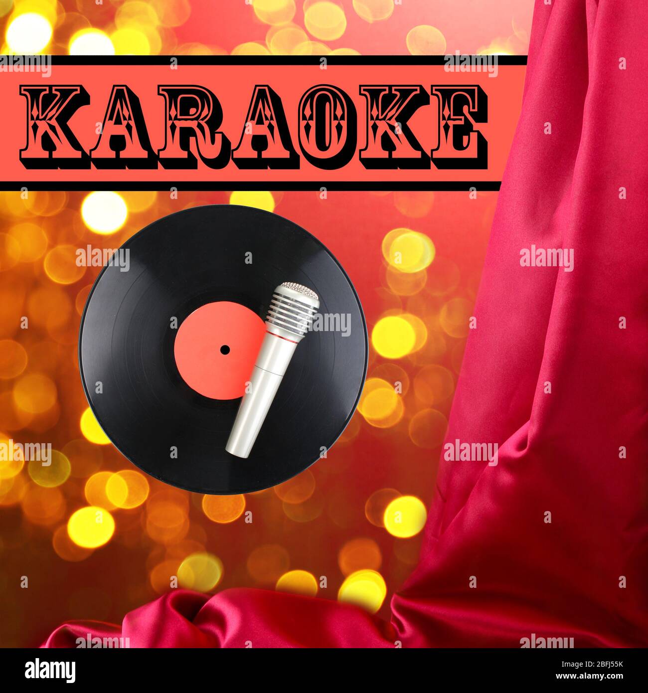 Vinyl record and microphone on bright lights background, Karaoke ...