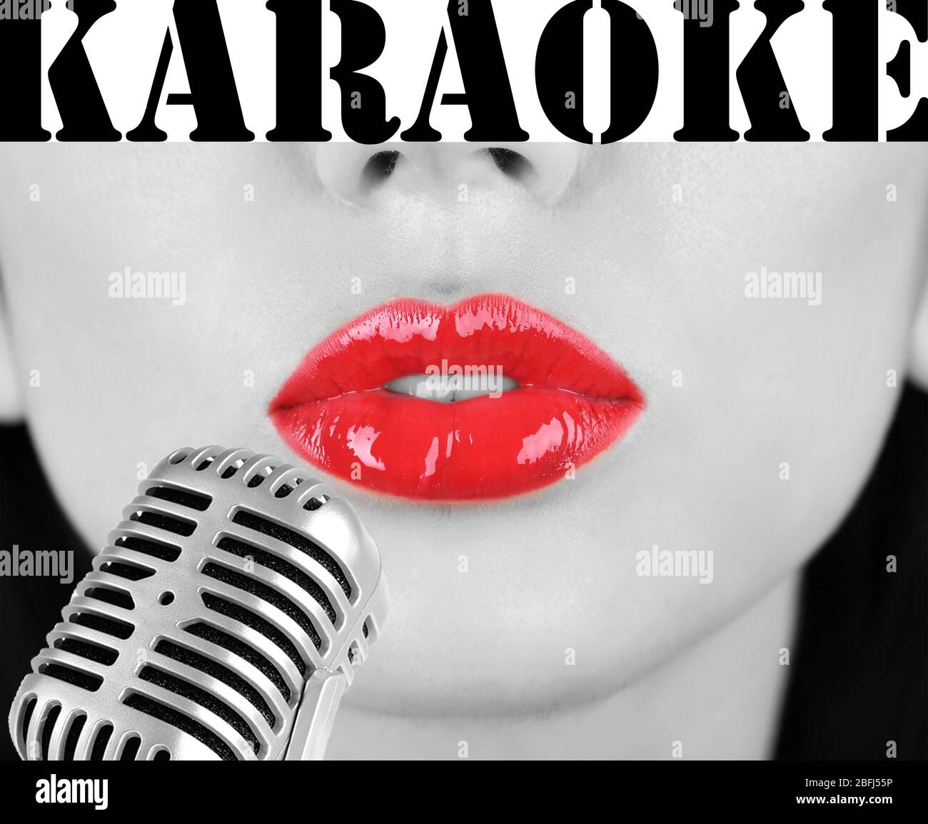 Woman with red lips and retro microphone, karaoke concept Stock Photo ...