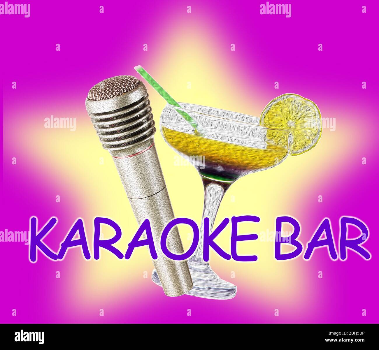 Retro microphone and cocktail on bright color background, Karaoke bar ...