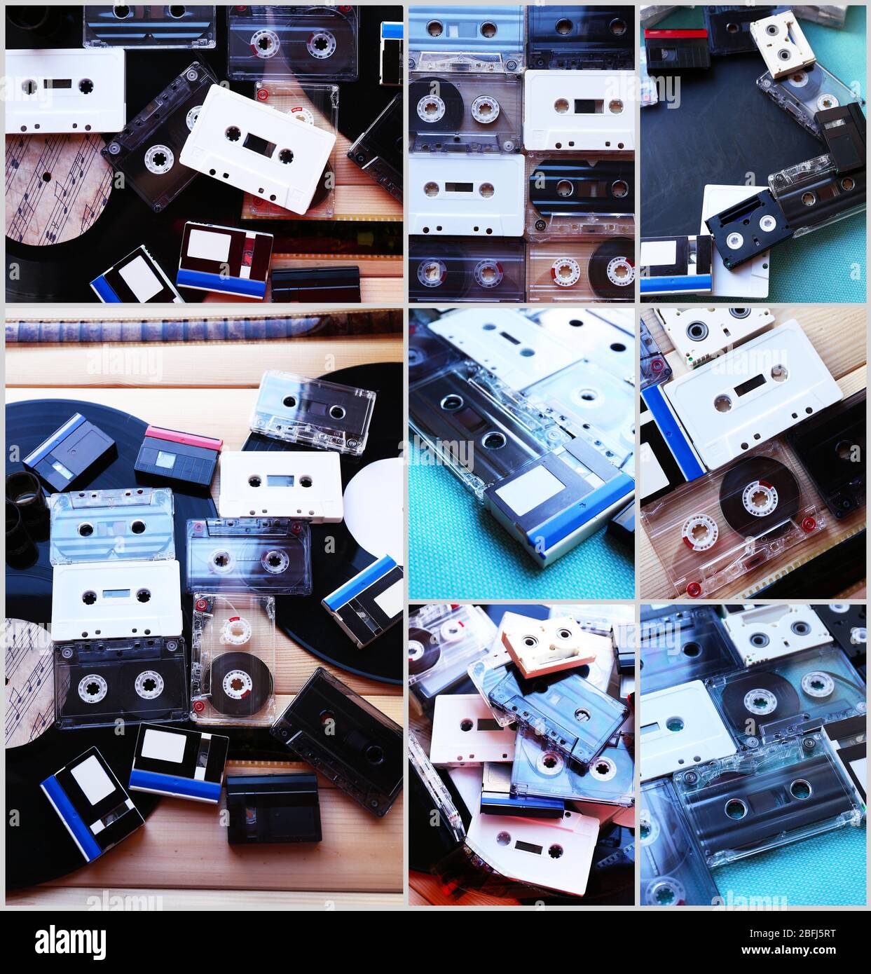 Collection of retro audio tapes and vinyl records in collage Stock ...