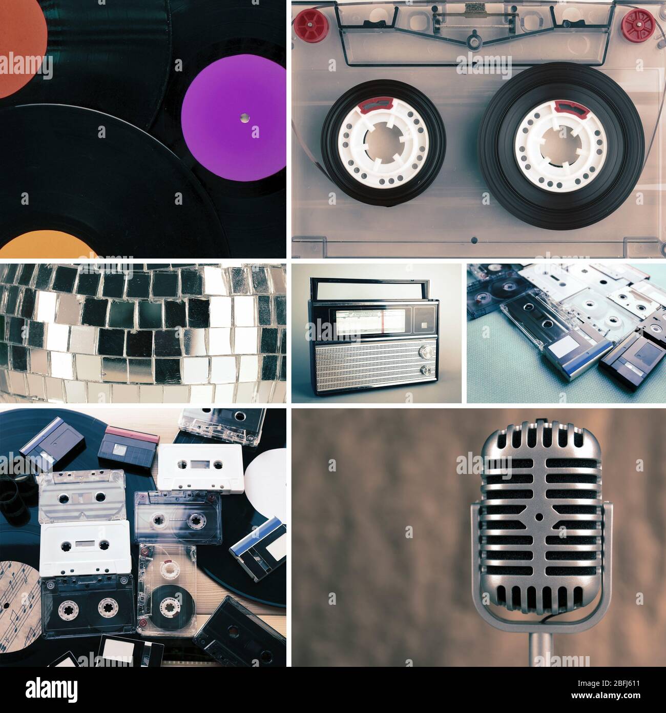 Vinyl records, audio cassettes, microphone and radio set in collage ...