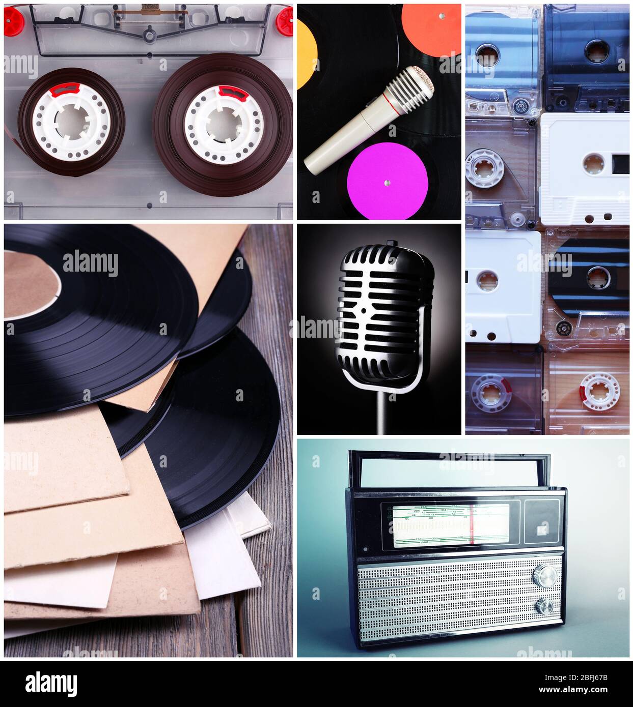Vinyl records, audio cassettes, microphone and radio set in collage ...