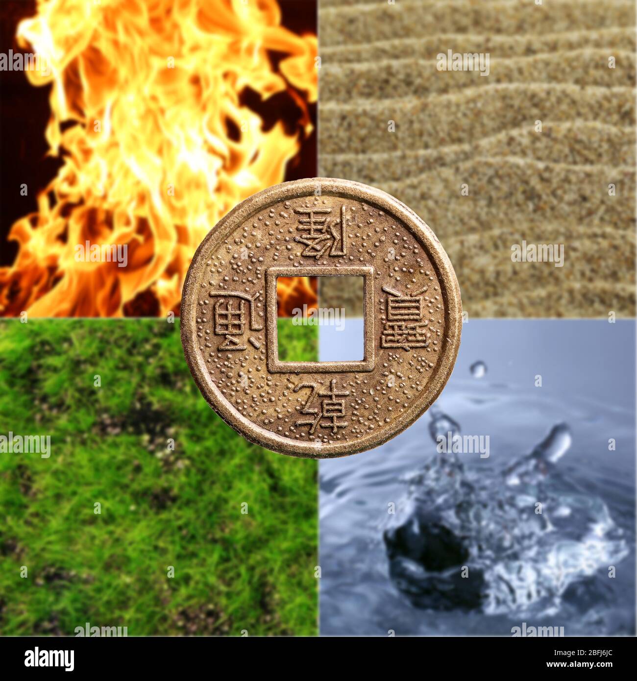Collage of Feng Shui destructive cycle with five elements (water, wood ...