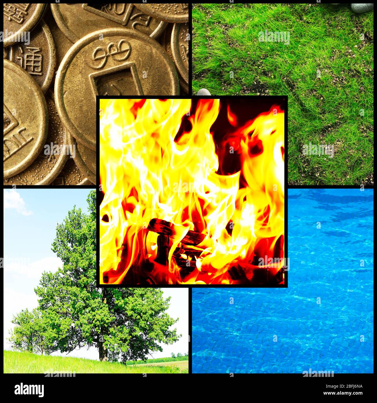 Collage of Feng Shui destructive cycle with five elements (water, wood ...