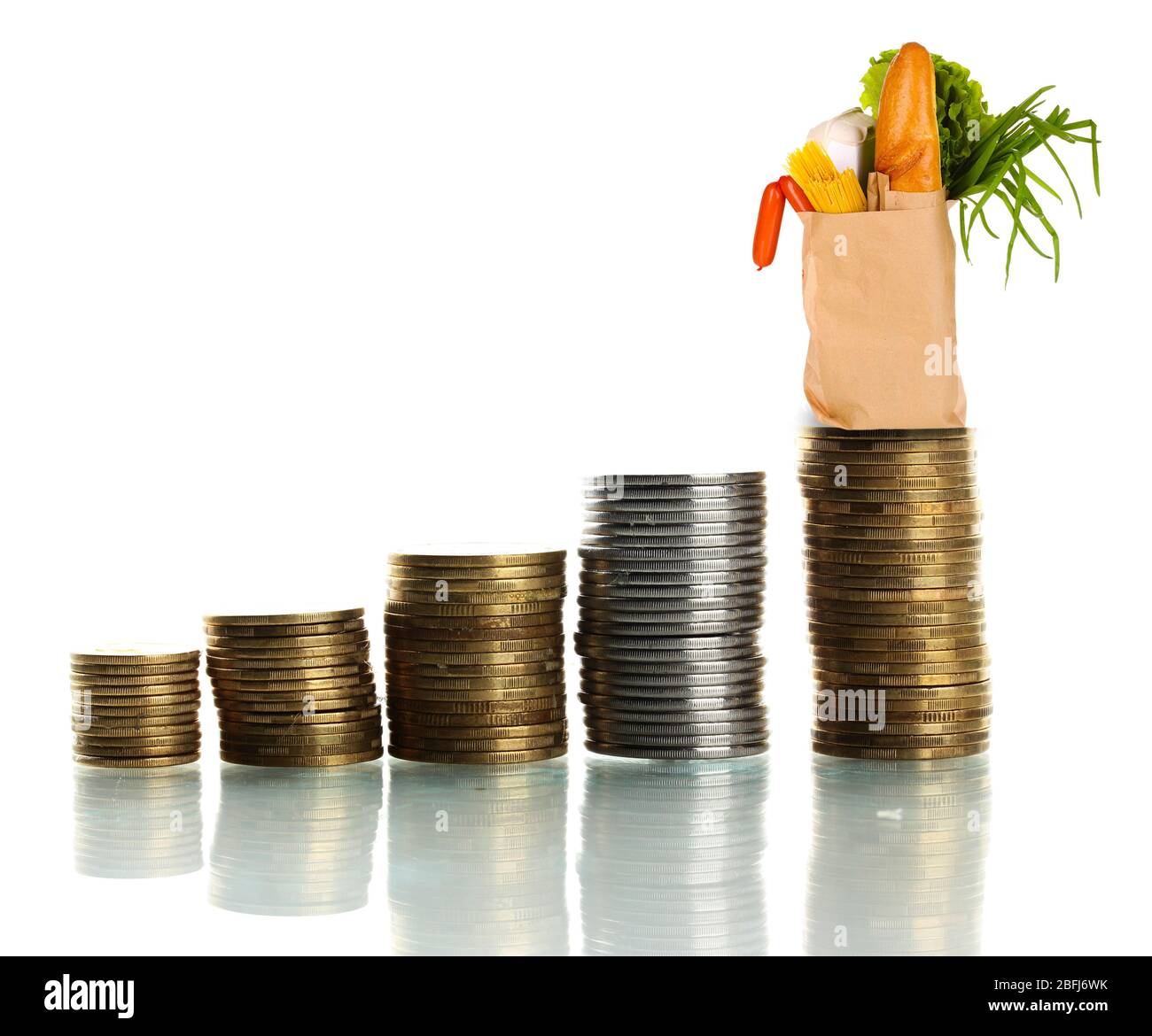 Paper bag with food standing on stack of coins isolated on white Stock ...