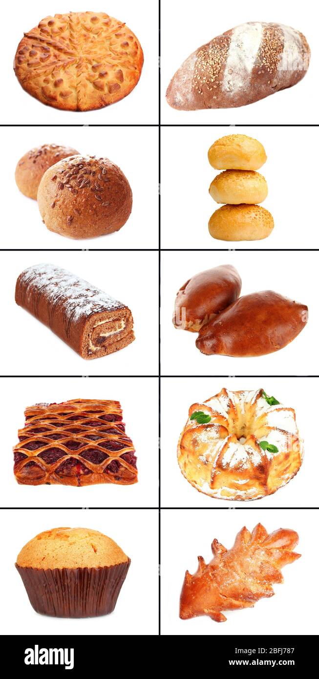 Collage of different pastries and bakery items, isolated on white Stock ...
