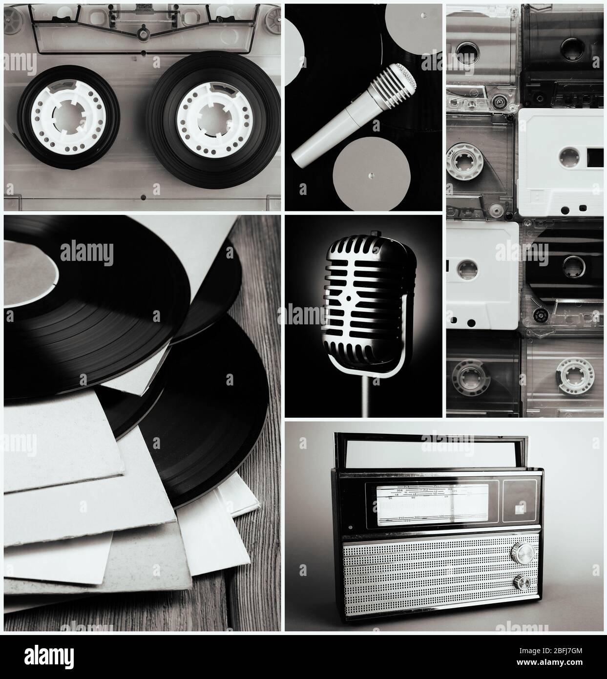 Vinyl records, audio cassettes, microphone and radio set in collage ...
