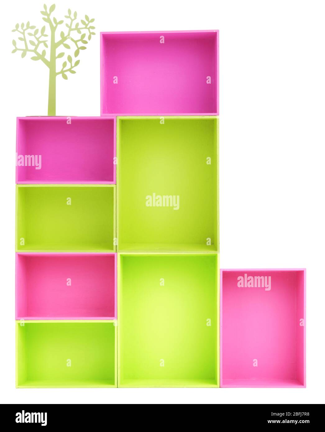 Multicoloured wooden boxes and decorative metal tree isolated on white ...