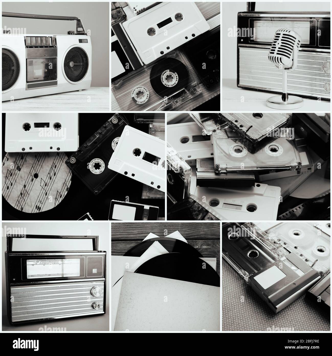 Vinyl records, audio cassettes, microphone, tape recorder and radio set ...