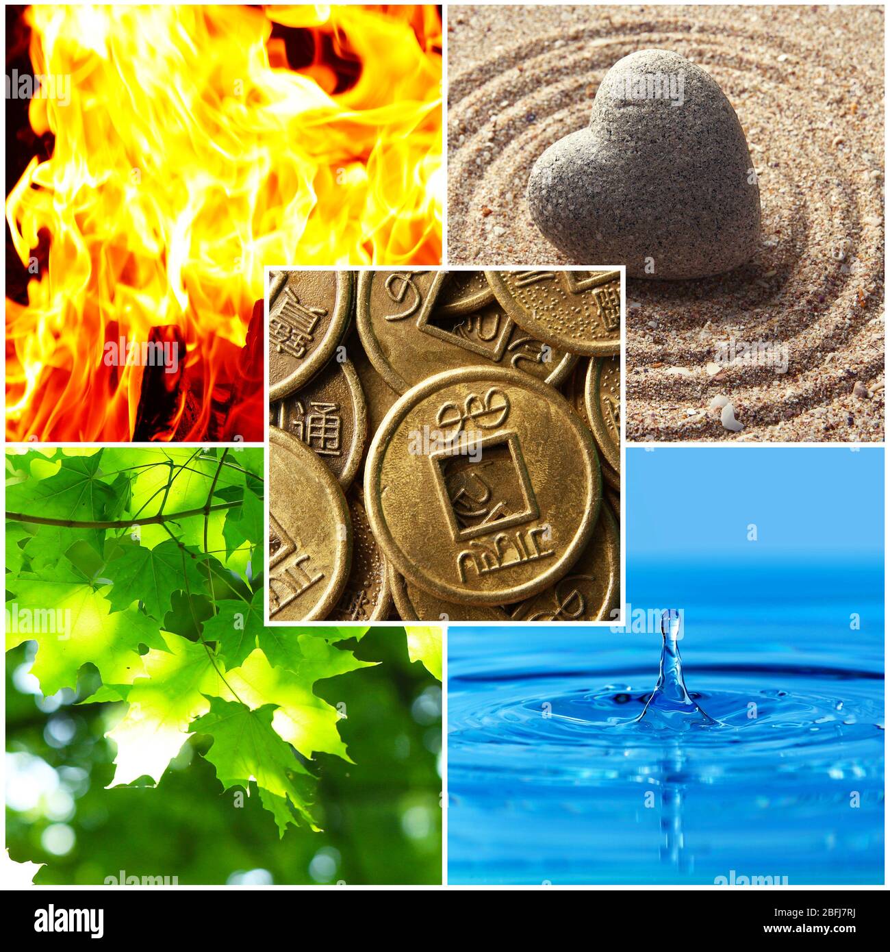 Collage of Feng Shui destructive cycle with five elements (water, wood ...