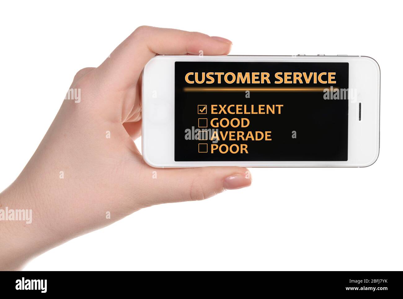 Hand holding smart-phone with Customer Service text on screen isolated ...