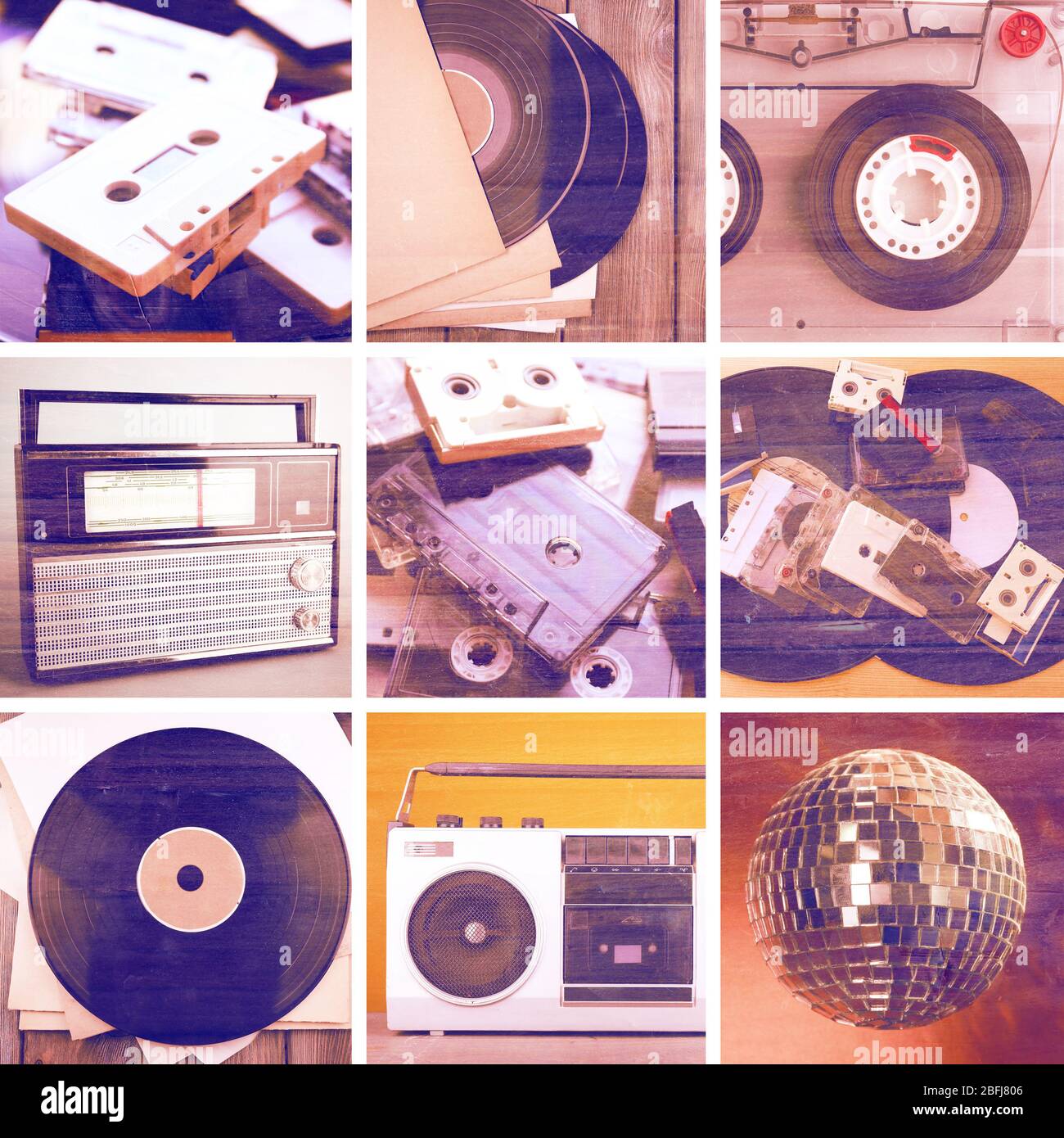Vinyl records, audio cassettes, microphone, tape recorder and radio set ...