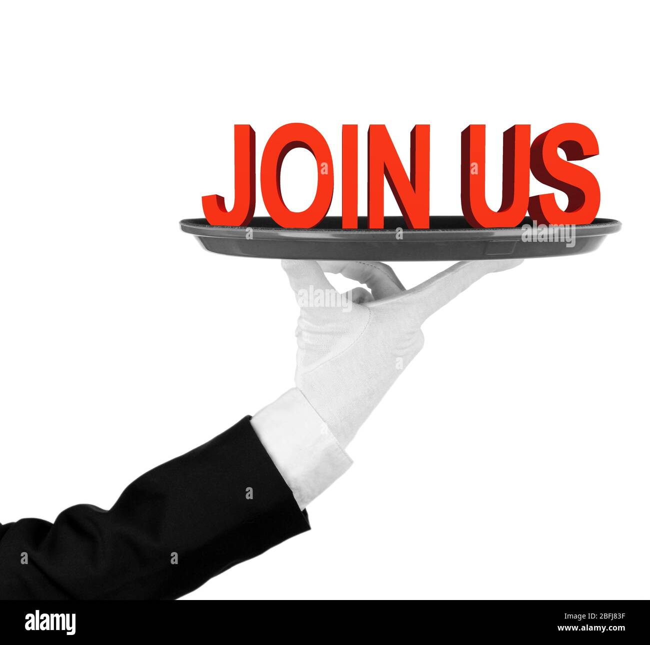 Tray with text Join Us on it in waiter's hand isolated on white Stock ...