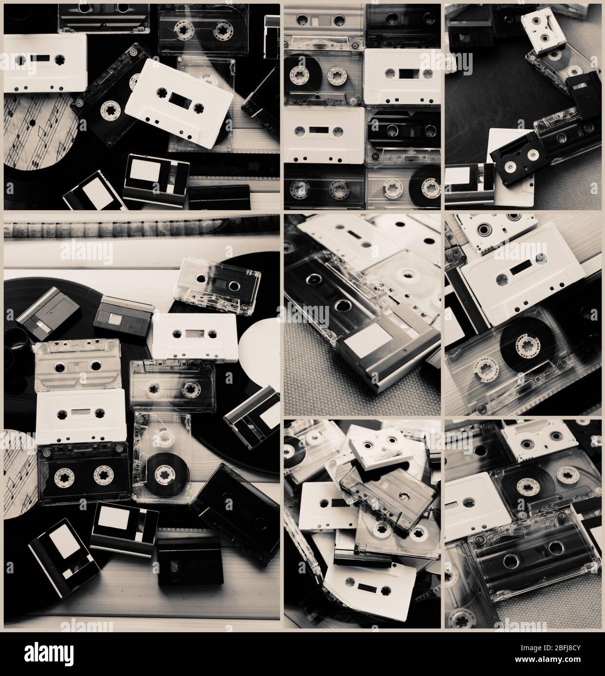 Collection of retro audio tapes and vinyl records in collage Stock ...