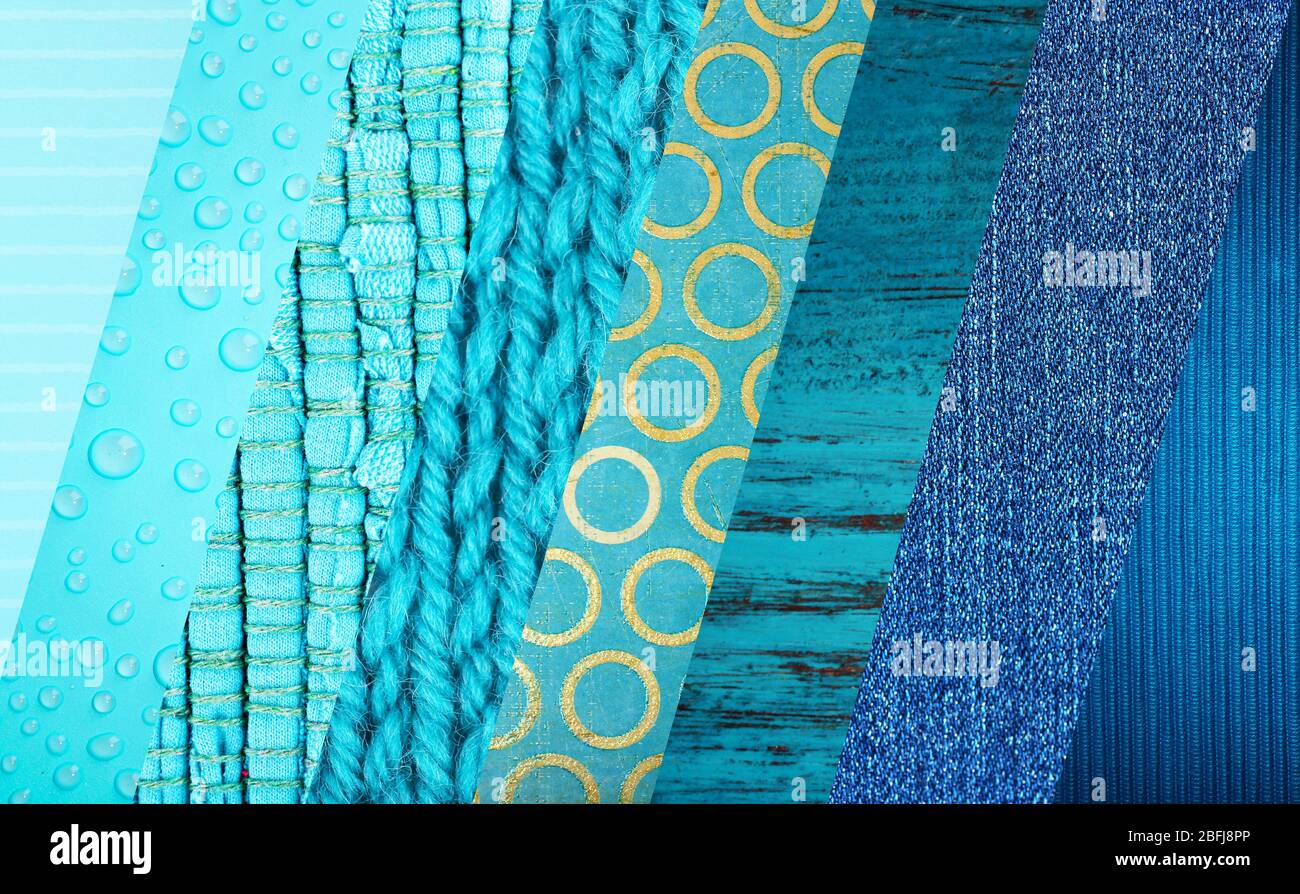 Assortment of different blue textures in collage, mix of textures as ...