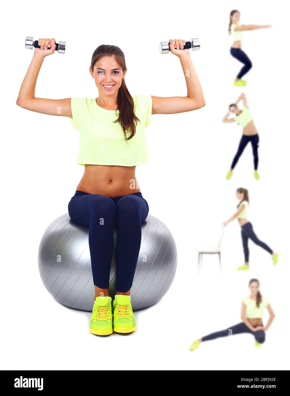 Woman doing exercises isolated on white, different poses in collage ...
